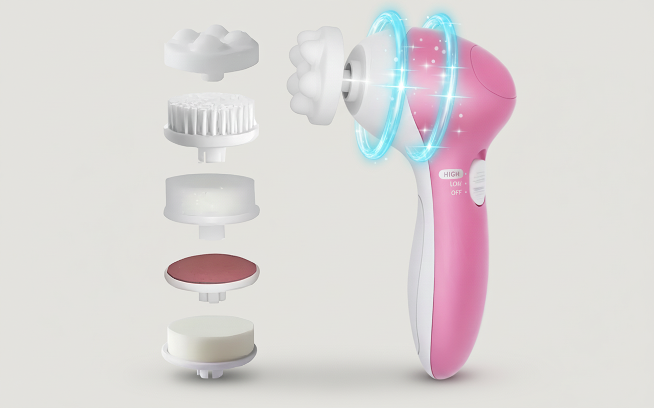 Electric Pore Cleansing Facial Brush Skin Scrubber with 5 Heads